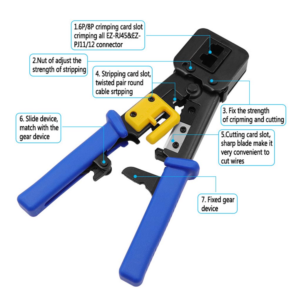 EZ RJ45 Crimp Tool for Cat5e Cat6 Pass Through Connector & RJ11/RJ12 R ...